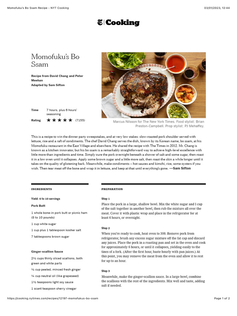 Momofuku's Bo Ssam Recipe by David Chang | PDF | Sauce | Roasting