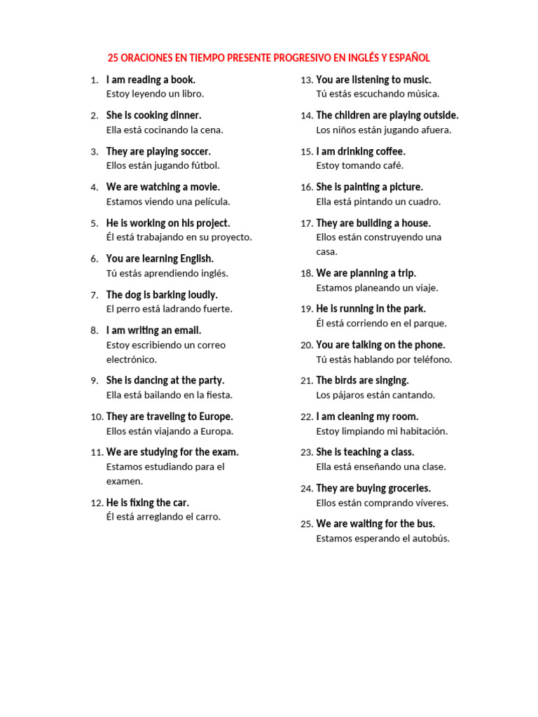 25 Ejemplos de Presente Progresivo | PDF