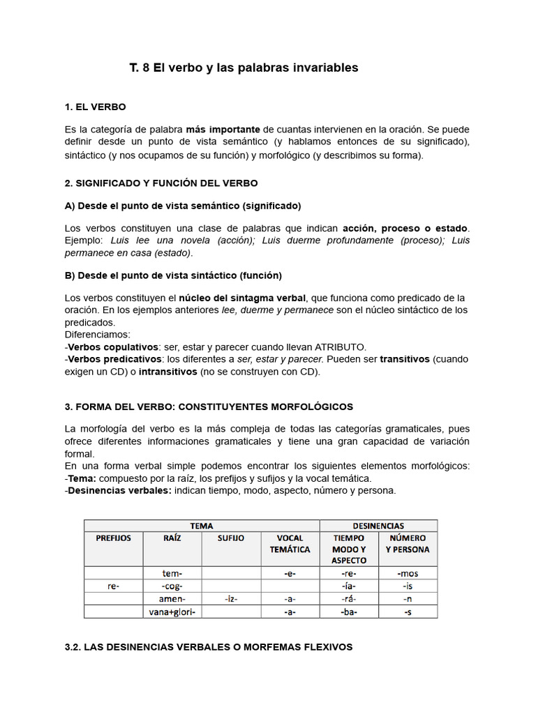 T8. El Verbo | PDF | Verbo | Conjugación gramatical