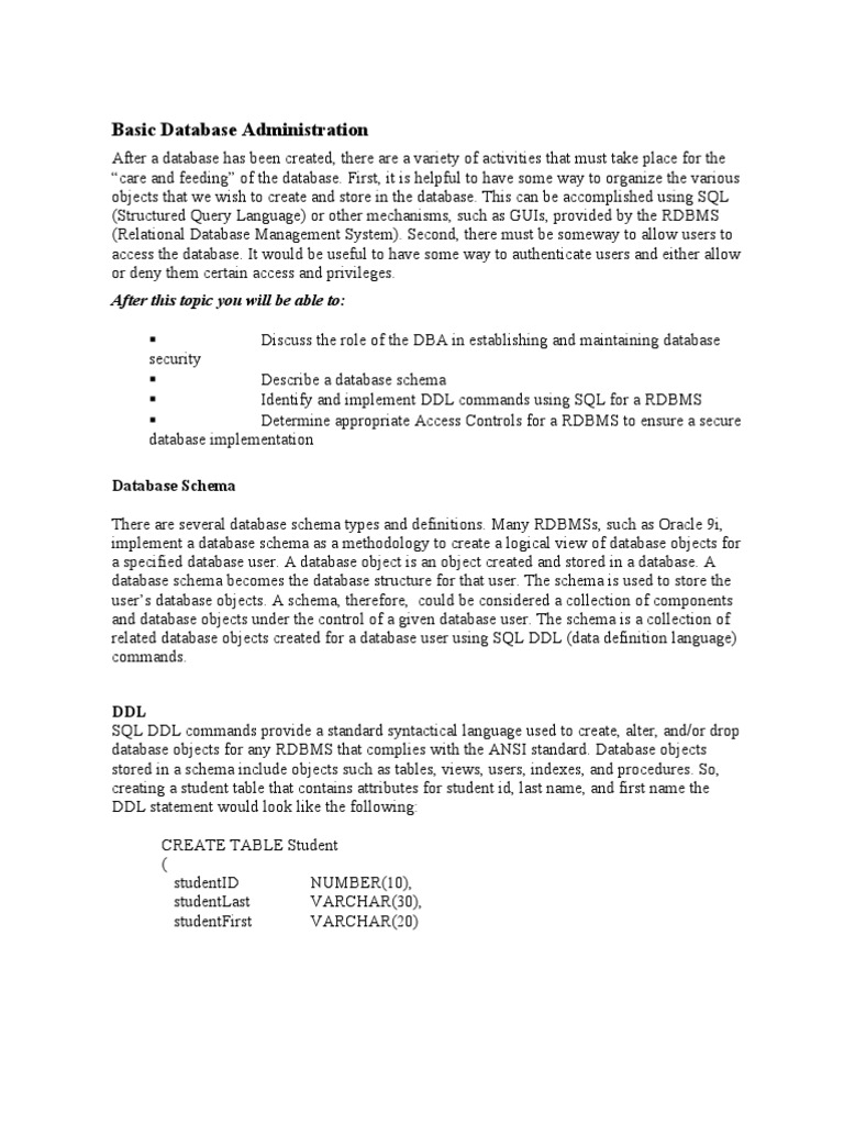 Basic Database Administration | PDF | Sql | Database Schema Basic Database Administration | PDF | Sql | Database Schema