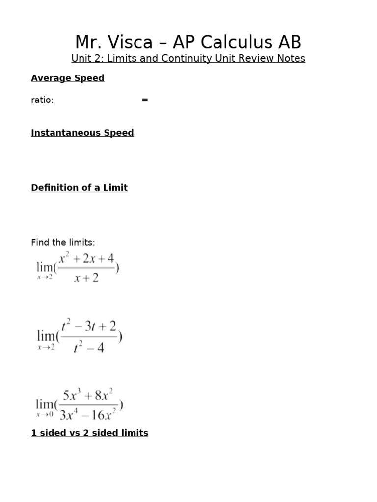 AP Calculus AB Unit 2 Review: Limits & Continuity | PDF | Limit ...