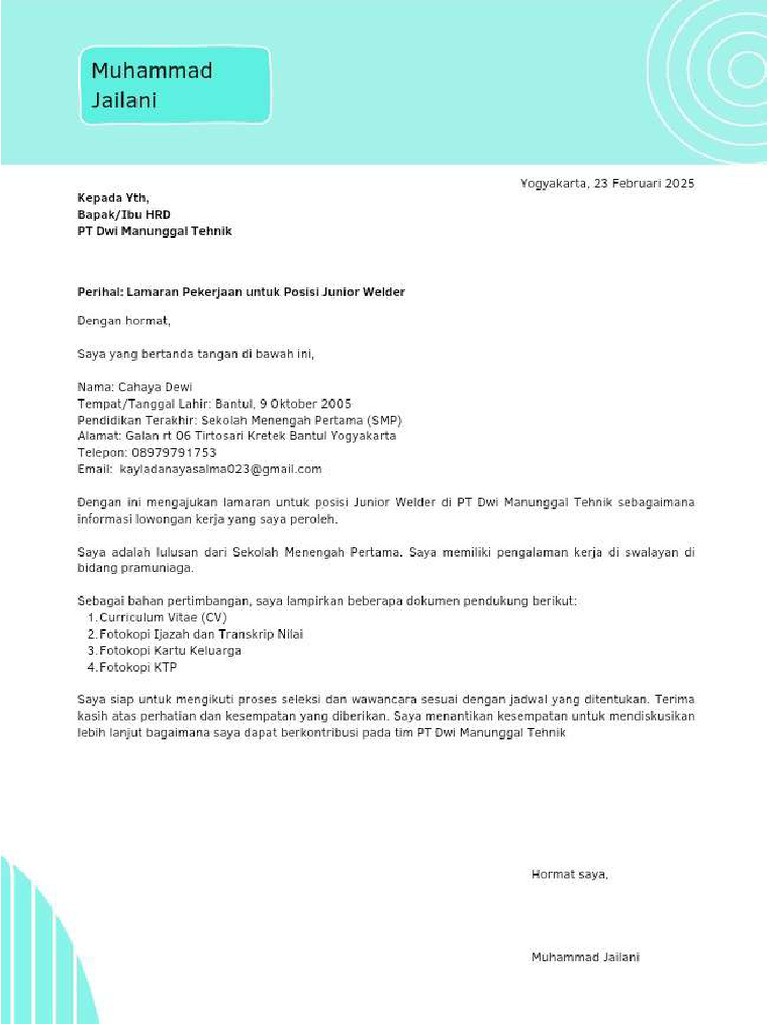 Surat Lamaran Muhammad Jailani | PDF