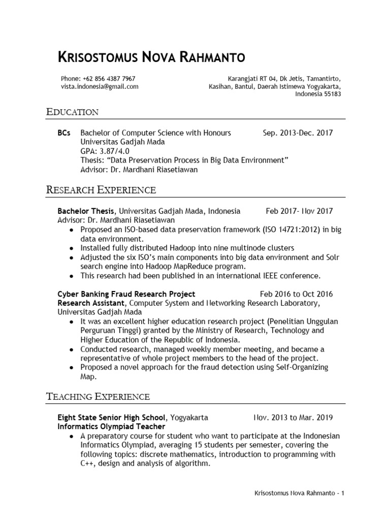 Krisostomus Nova Rahmanto Academic Resume | PDF | Apache Hadoop | Computing