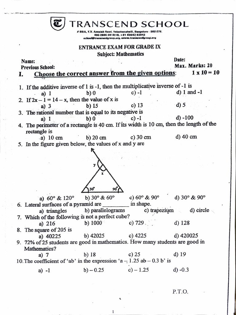 Entrance exam QP G9 Math[1] | PDF | Rectangle | Geometry