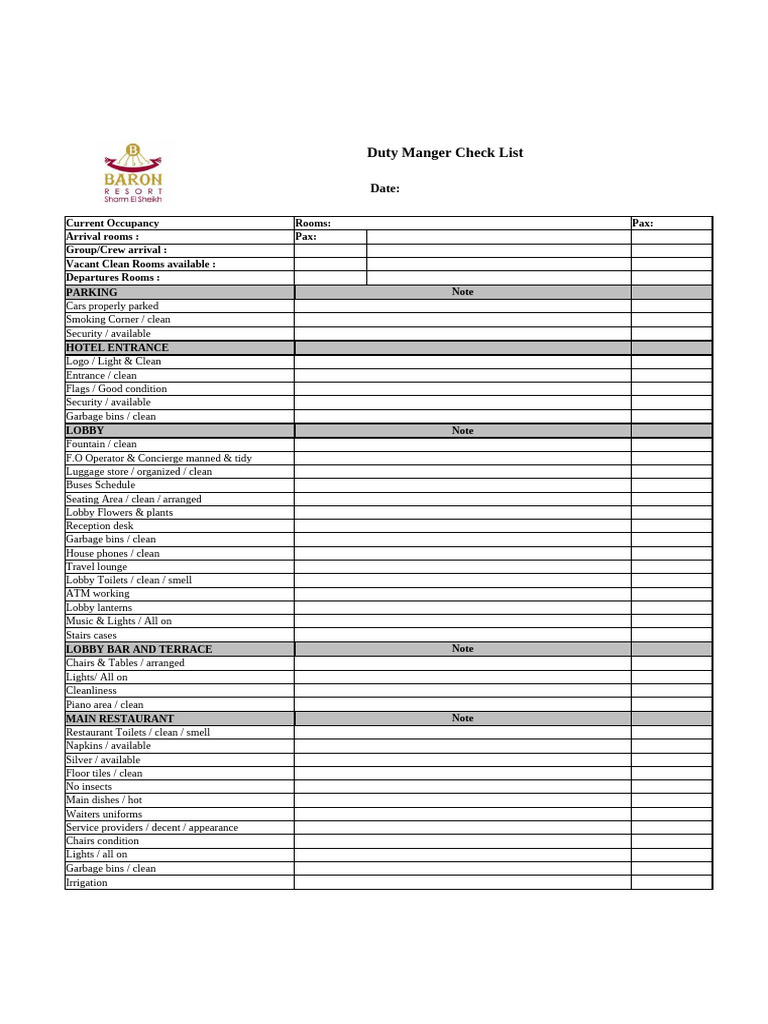 Duty Manager Check List | PDF