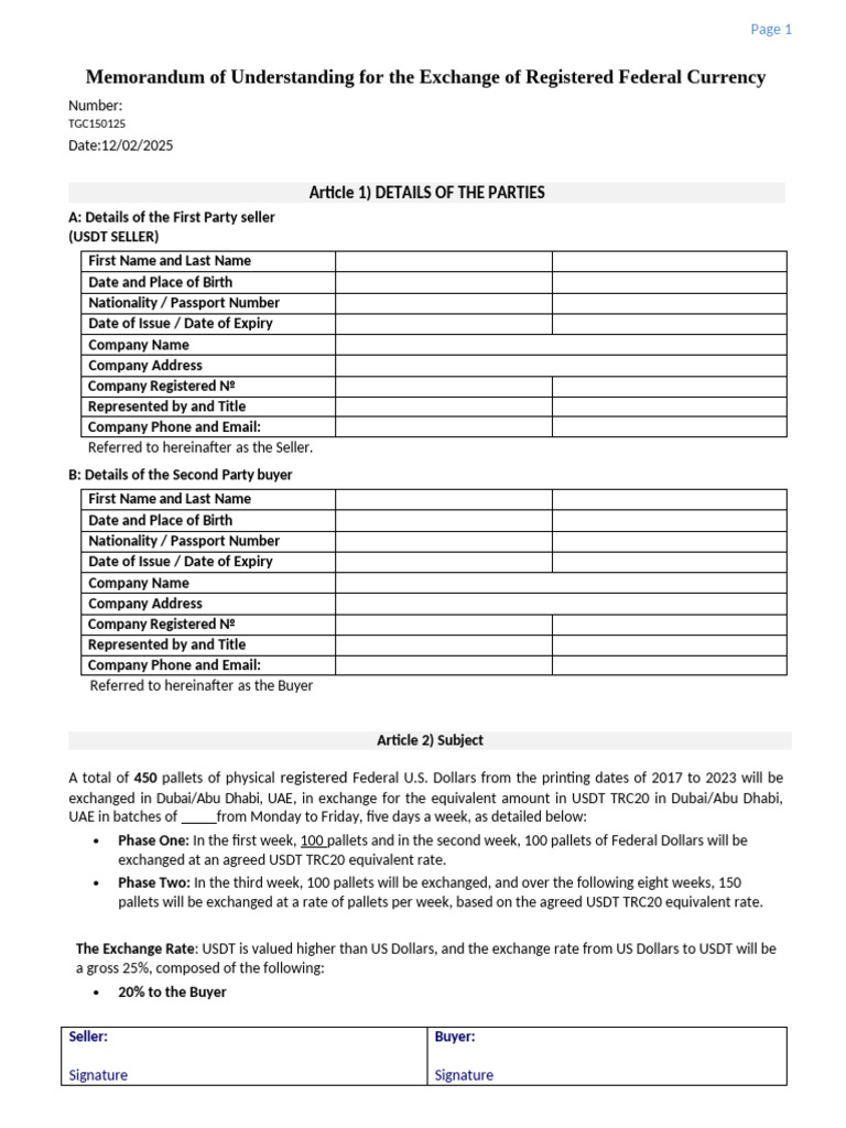 Memorandum of Understanding For The Exchange of Registered Federal Currency | PDF | Private Law ...