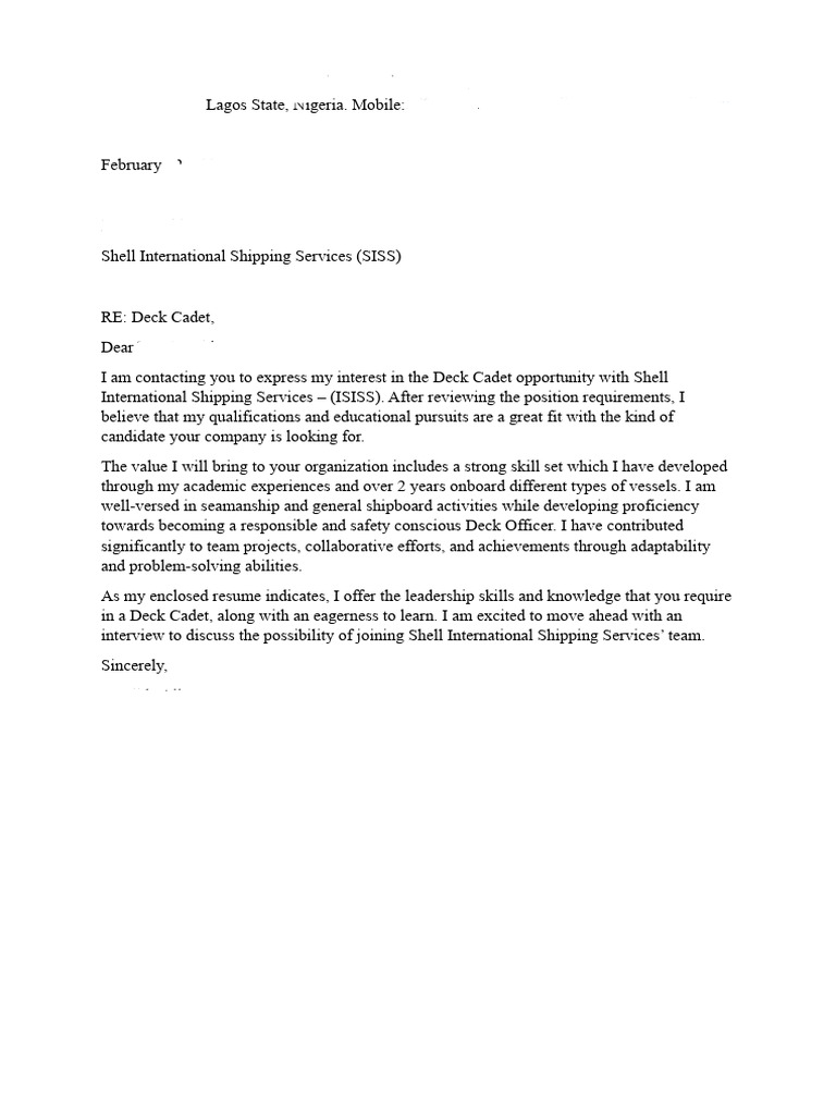 Cover Letter Deck Cadet | PDF