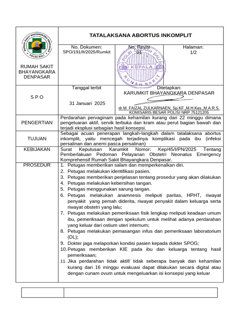 Tatalaksana Abortus Inkomplit di RS Bhayangkara | PDF