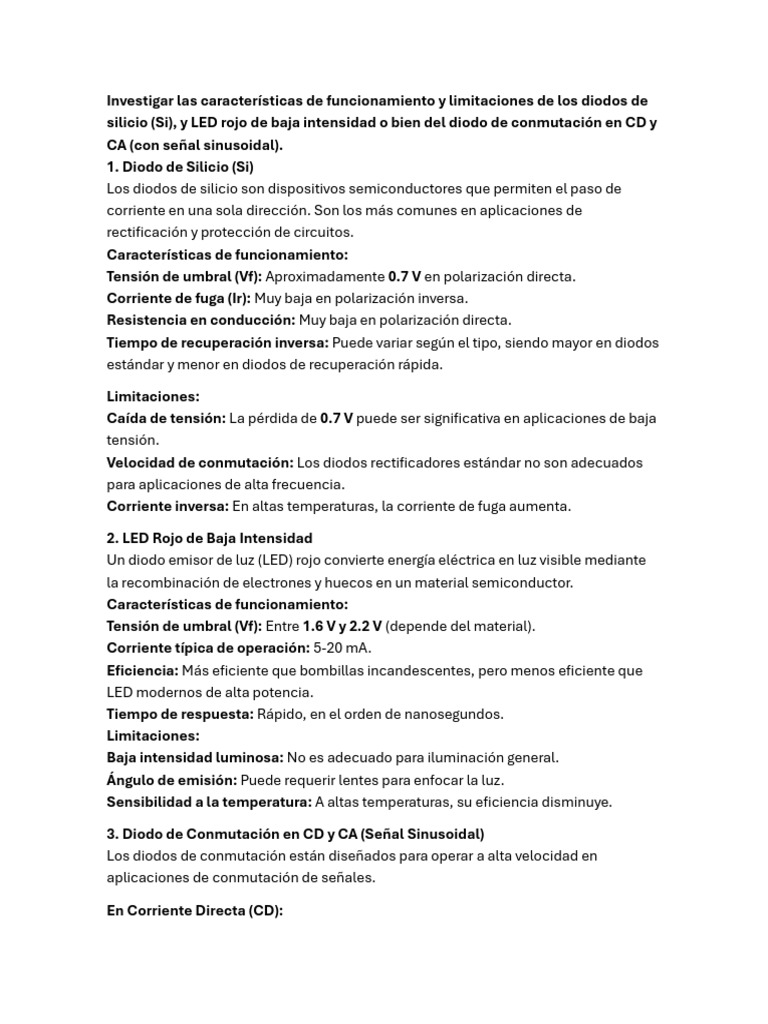 Investigar Las Características de Funcionamiento y Limitaciones de Los Diodos de Silicio | PDF ...