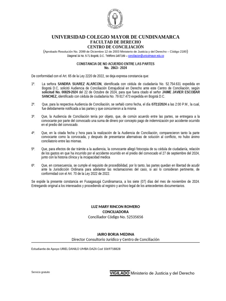 Constancia de No Acuerdo Sandra Suarez | PDF