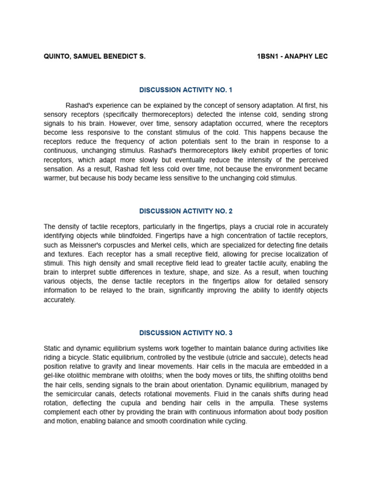 Anaphy - Senses Activity 1-3 | PDF | Senses | Somatosensory System
