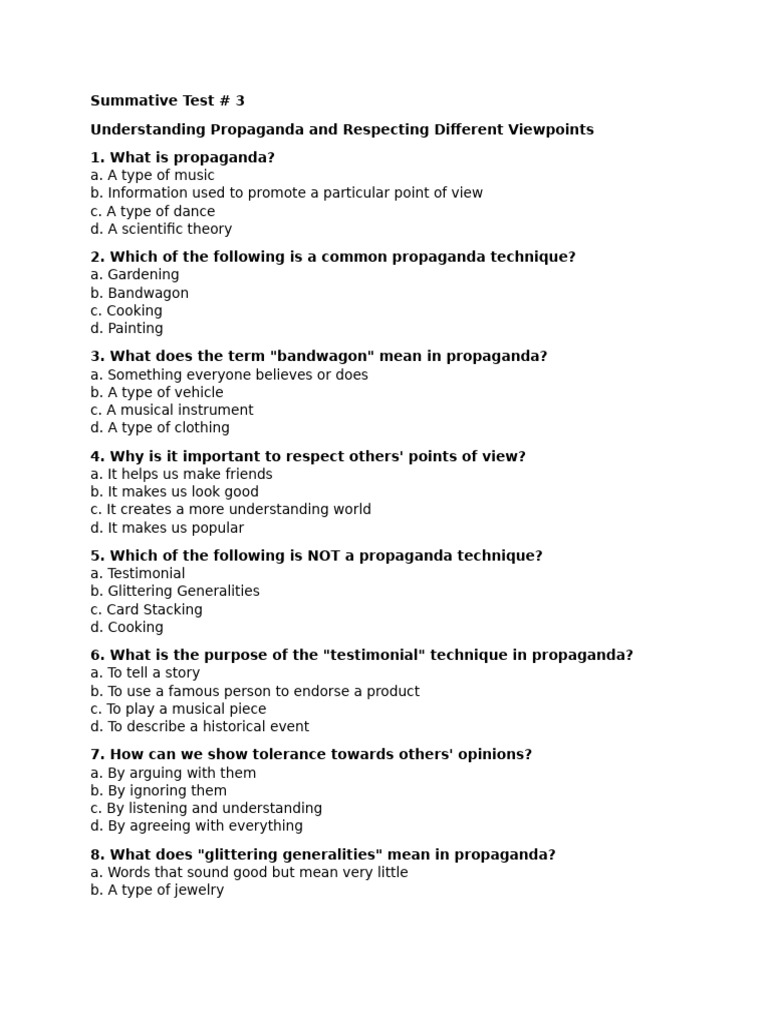 Summative Test 3 Propaganda Techniques | PDF | Propaganda | Cognition