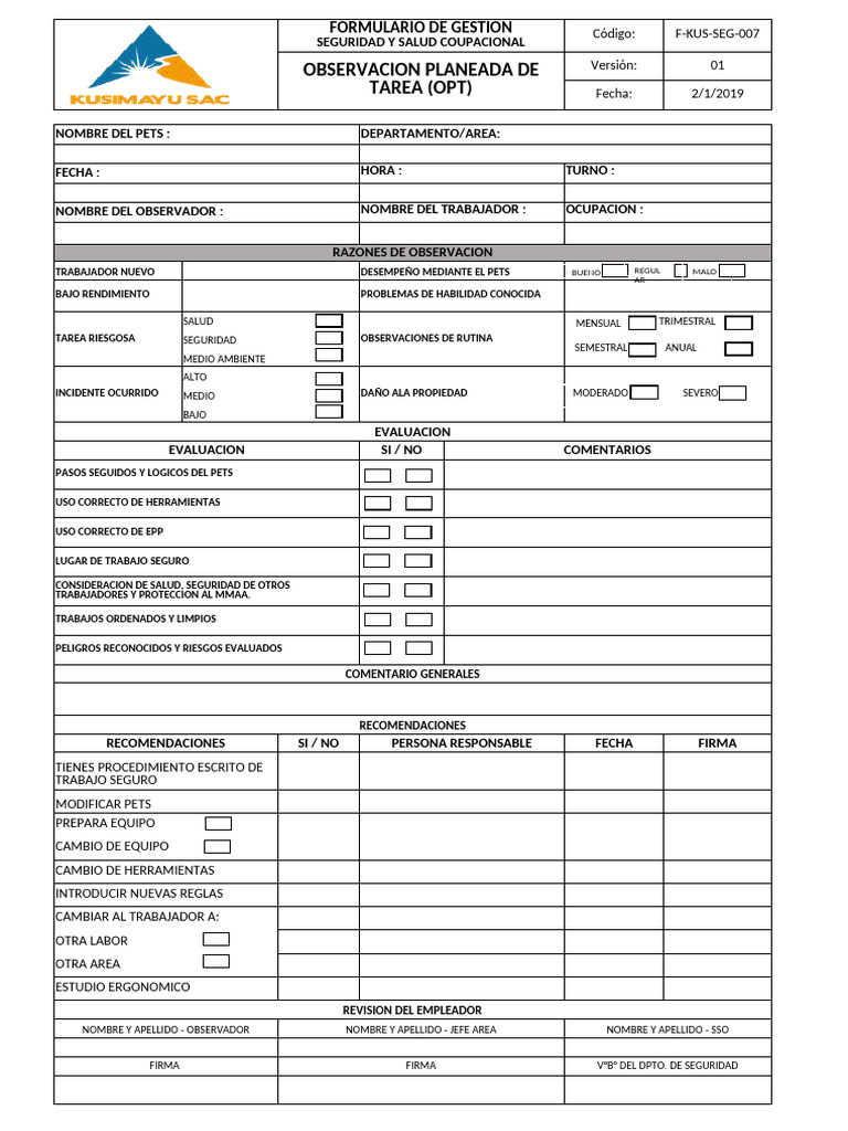 FORMATO Observacion Planeada de Trabajo OPT | PDF