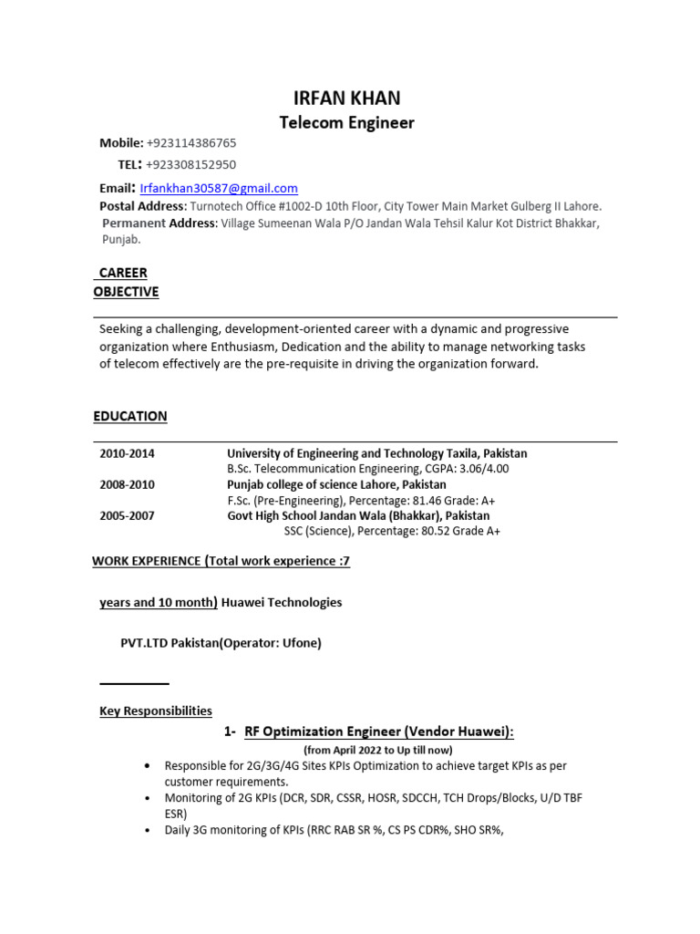IRFAN KHAN - RF Engineer - Resume | PDF | High Speed Packet Access ...