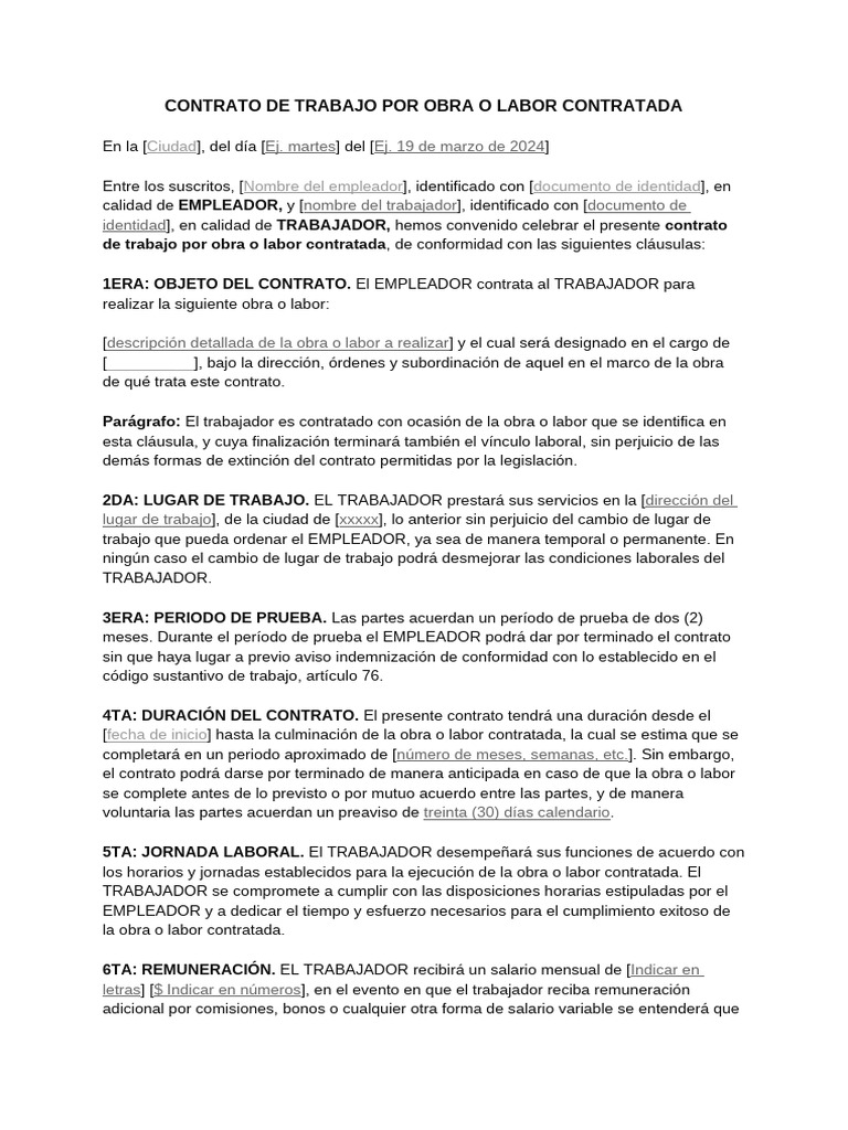 Formato-contrato-de-trabajo-por-obra-o-labor-contratada | PDF | Salario | Derecho laboral