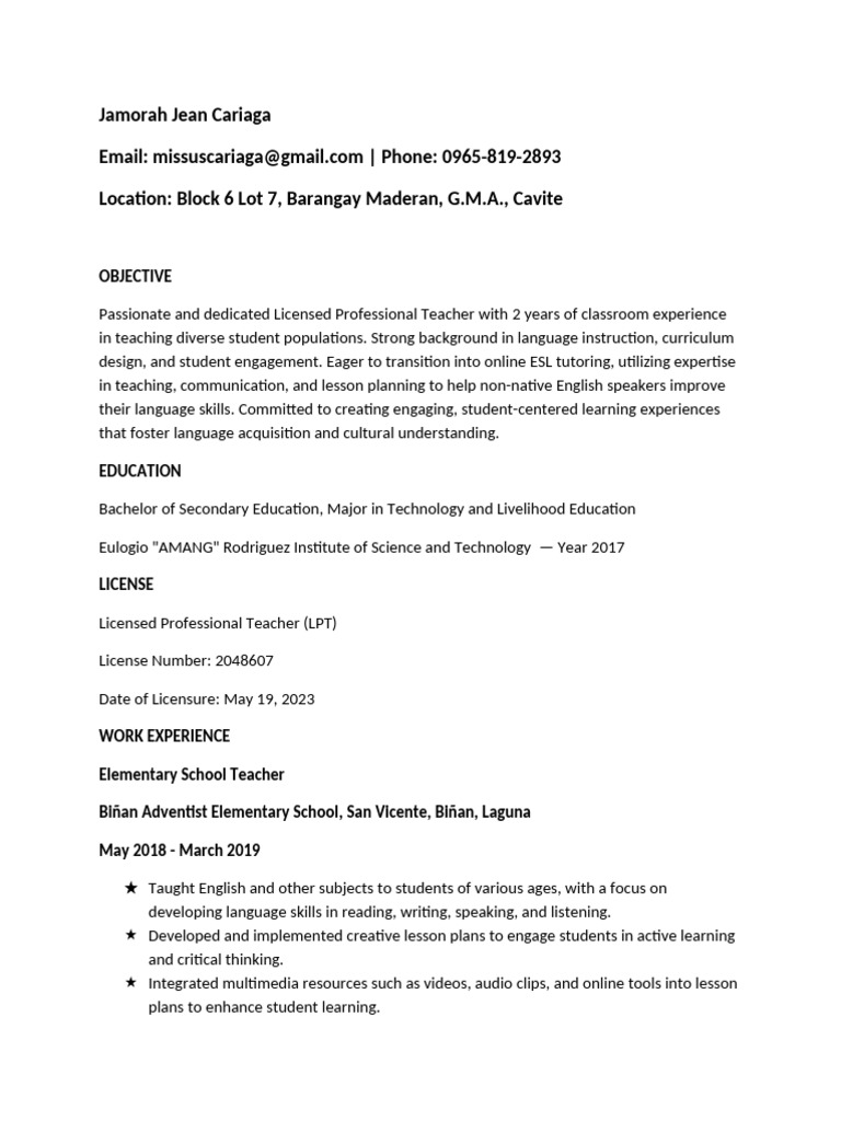 Resume For ESL TUTOR | PDF | English As A Second Or Foreign Language ...