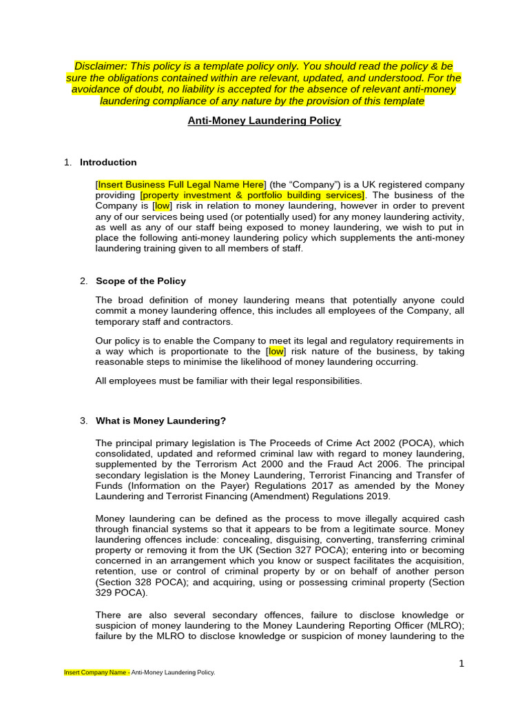Anti Money Laundering Policy | PDF | Money Laundering | Justice