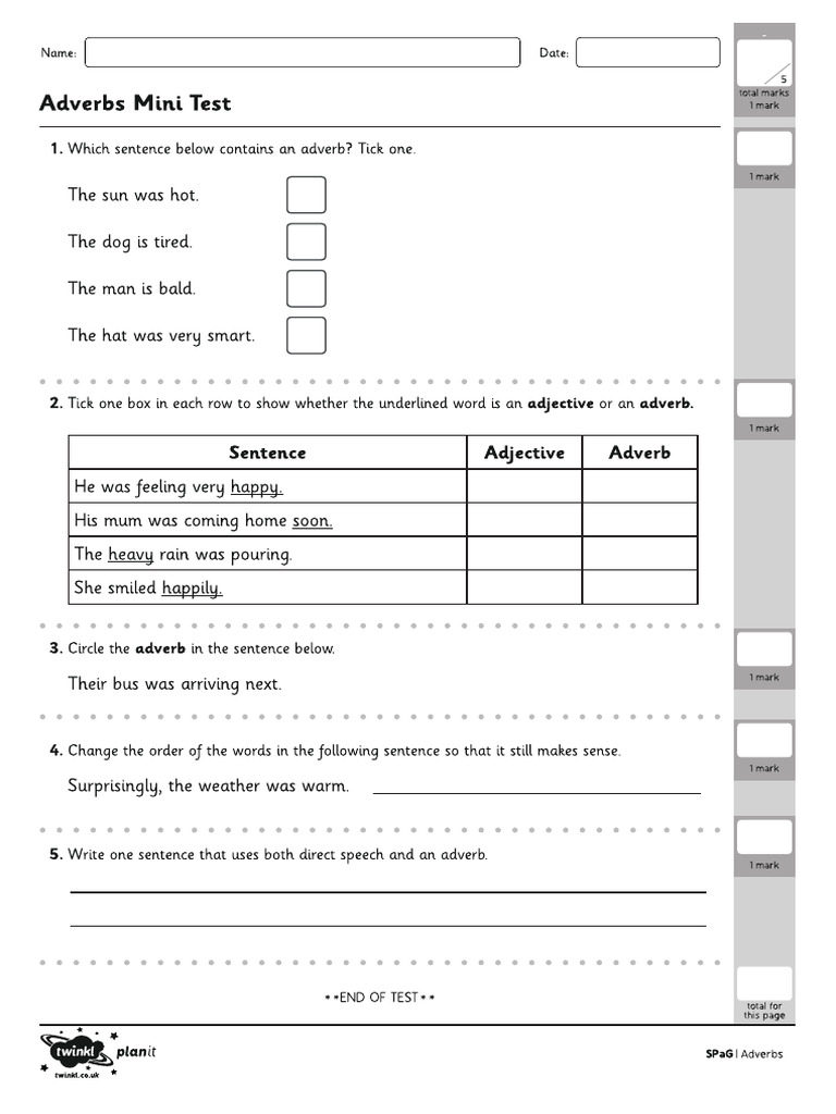 Adverbs Mini Test | PDF