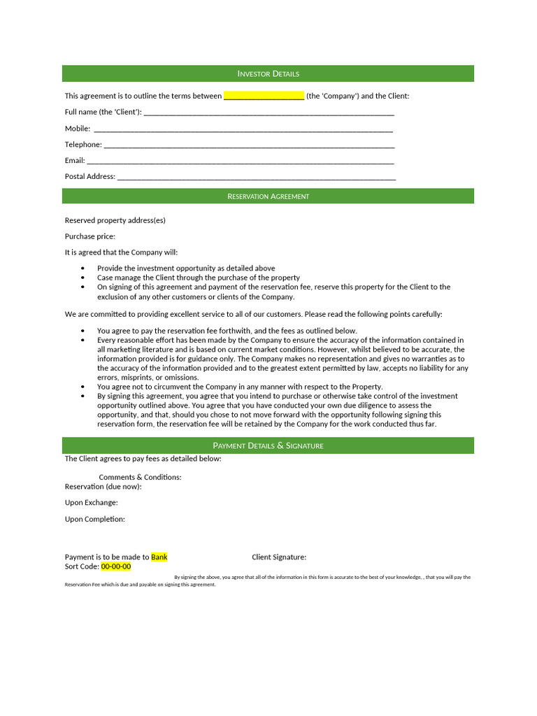 Investor Reservation Agreement Details | PDF | Fee | Private Law