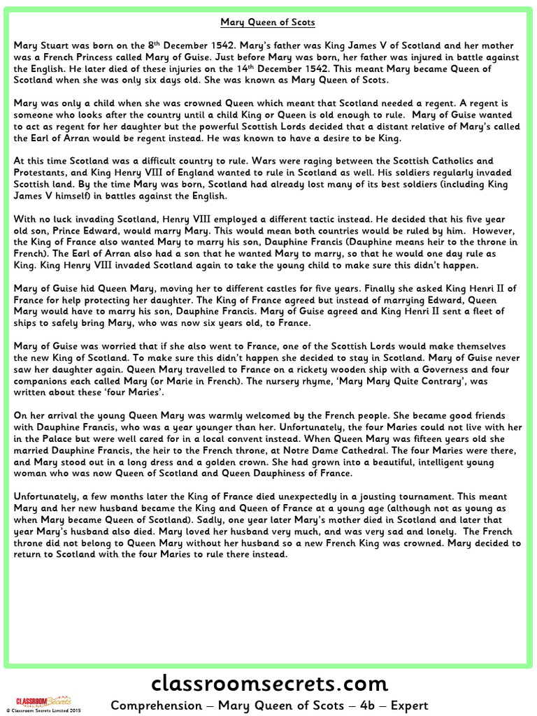 Comprehension Mary Queen of Scots Expert | PDF | Mary, Queen Of Scots ...