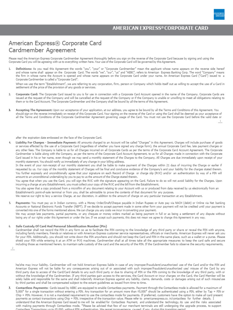 American Express Corporate Card Agreement | PDF | Cheque | Payments