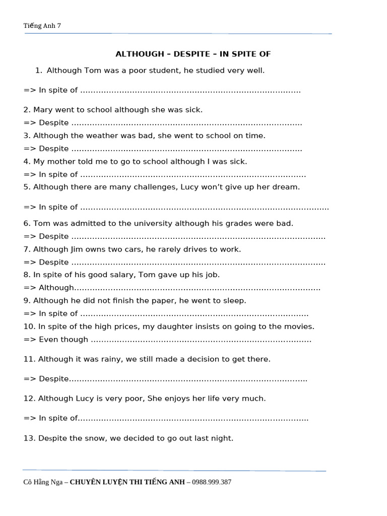 Exercises on Although and Despite | PDF