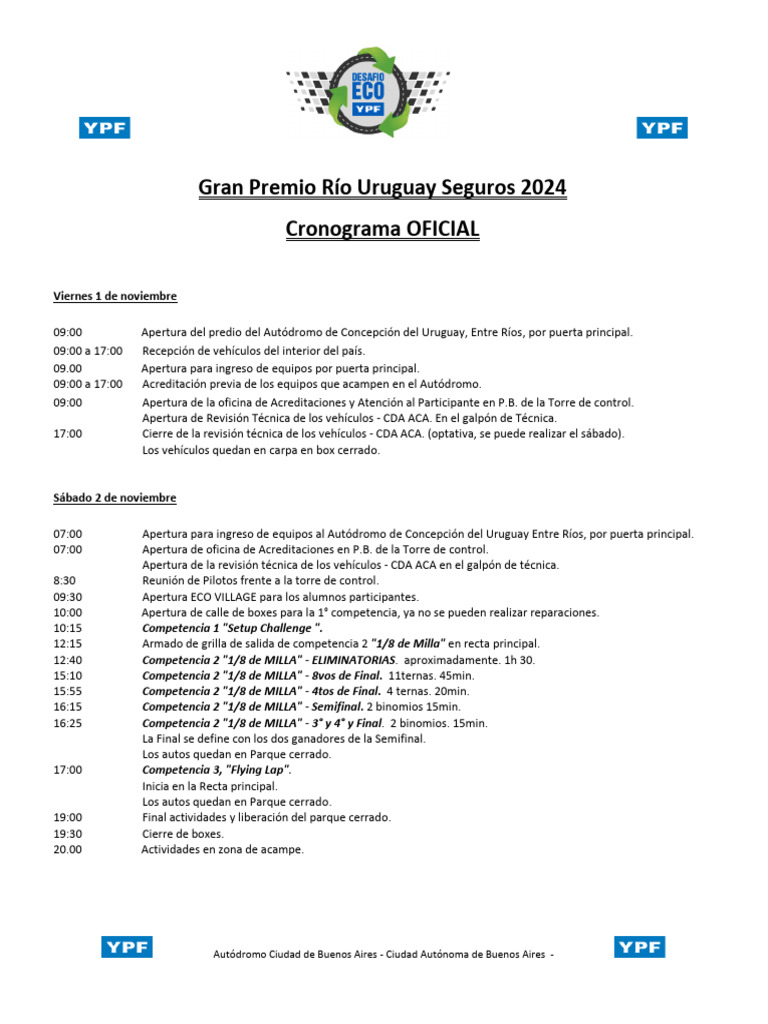Cronograma Oficial Desafio Eco Ypf 2024 | PDF