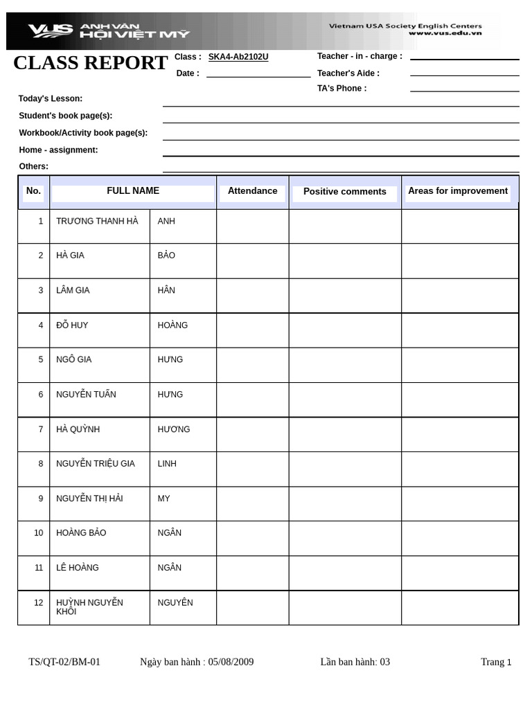 Class Report Template | PDF
