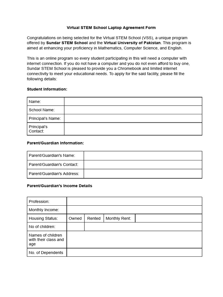 Virtual STEM School Laptop Agreement Form | PDF | Internet