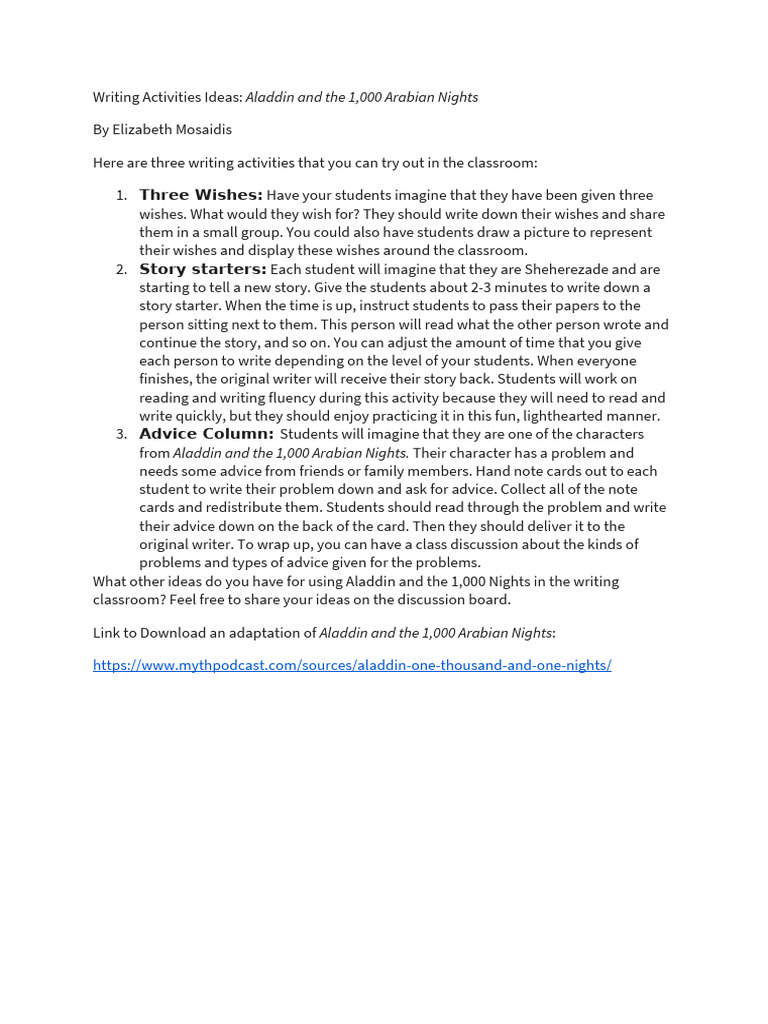 Writing Activities Ideas Aladdin and The 1,000 Arabian Nights | PDF