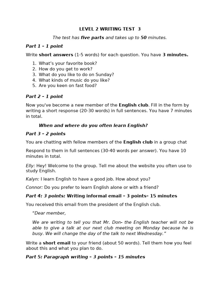 Level 2 English Writing Test Guide | PDF
