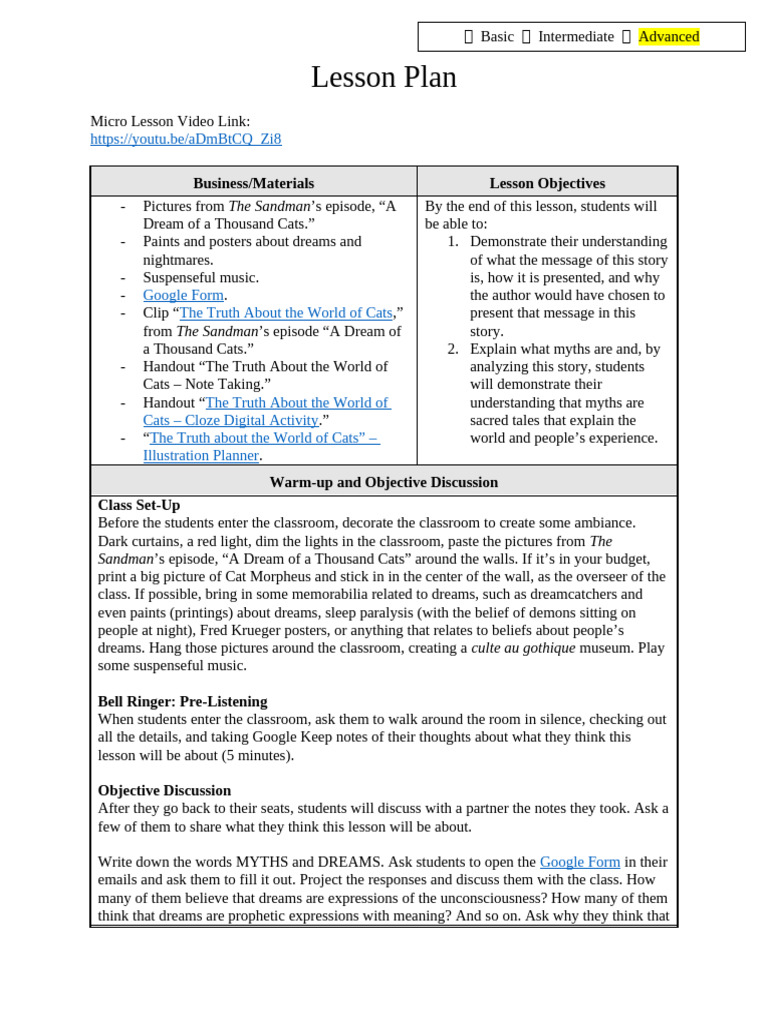 A Dream of A Thousand Cats - Lesson Plan v.1.4 | PDF | Dream