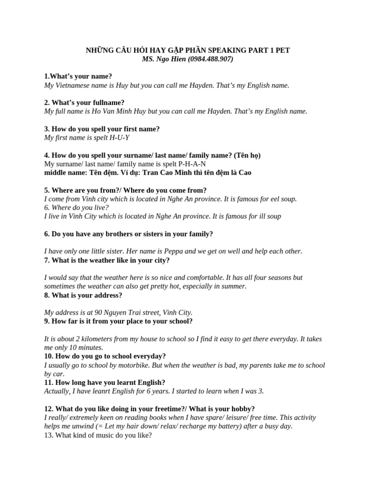 Common Speaking Questions for PET Exam | PDF