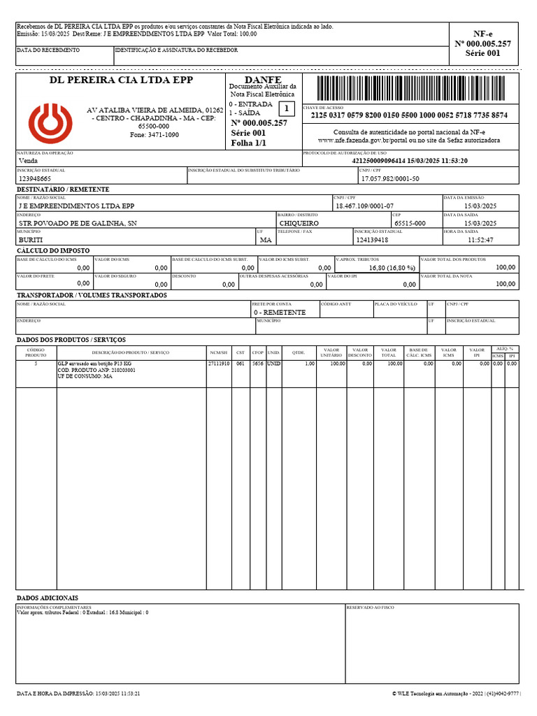 Danfe DL Pereira Cia Ltda Epp: NF-e #000.005.257 Série 001 | PDF | Recibo | Business