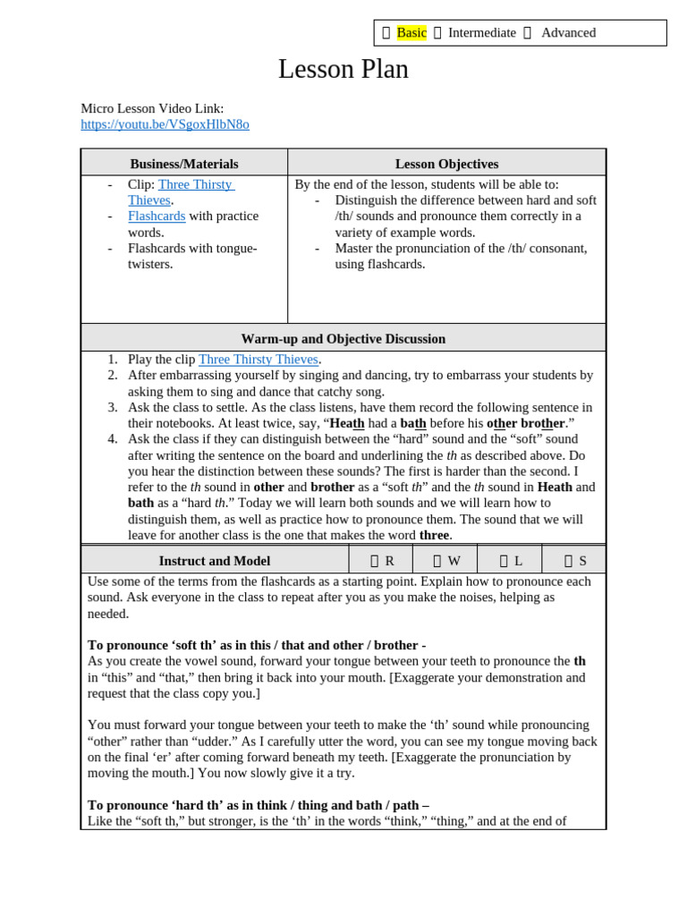 Teaching Hard and Soft TH Sounds - Lesson Plan | PDF | Human ...