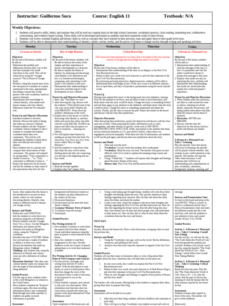 Short Stories - One Week Lesson Plan | PDF | Thought | Reading ...