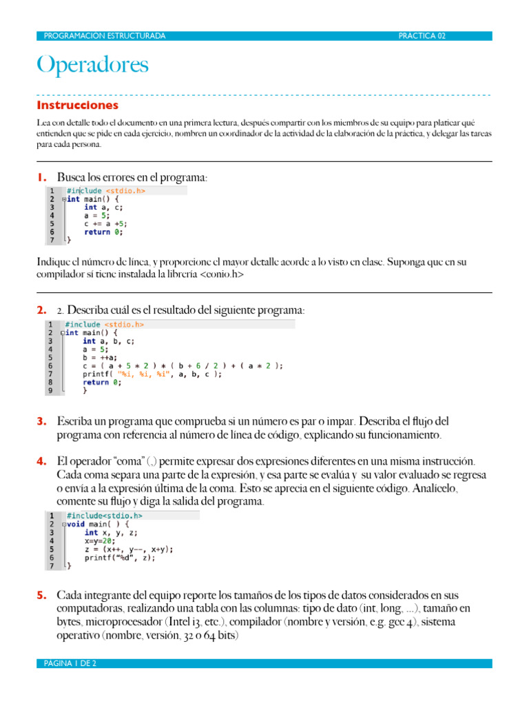 PE - Practica 02 Operadores en Lenguaje C | PDF