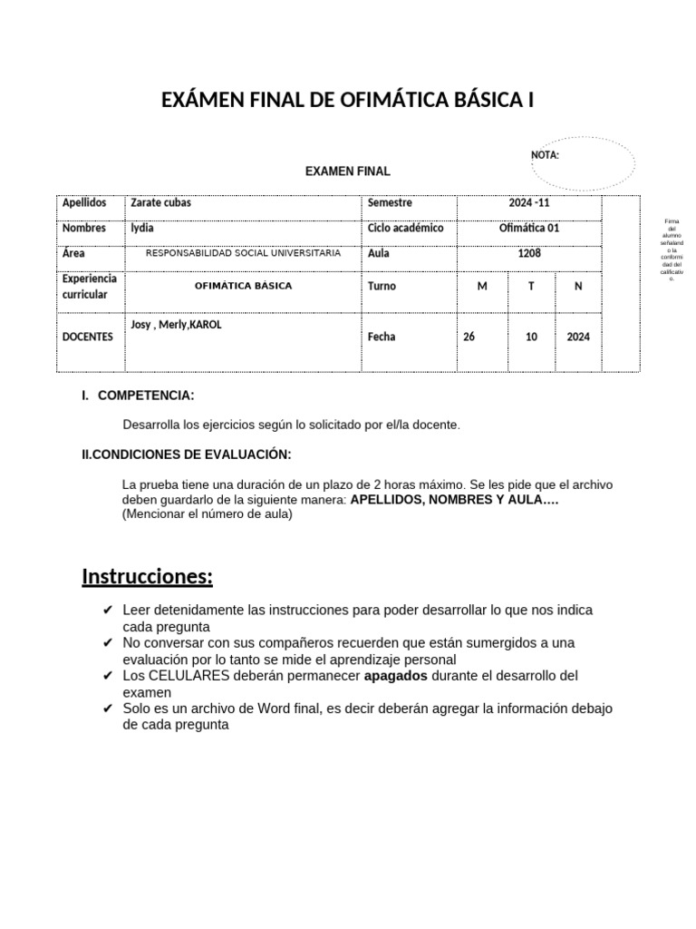 Exámen Final - Ofimática Básica 01 2024 II (20) Lydia | PDF | Salón de clases