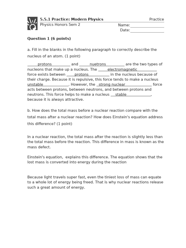 5.5.1 Practice - Modern Physics (Practice) | PDF | Atomic Nucleus | Isotope