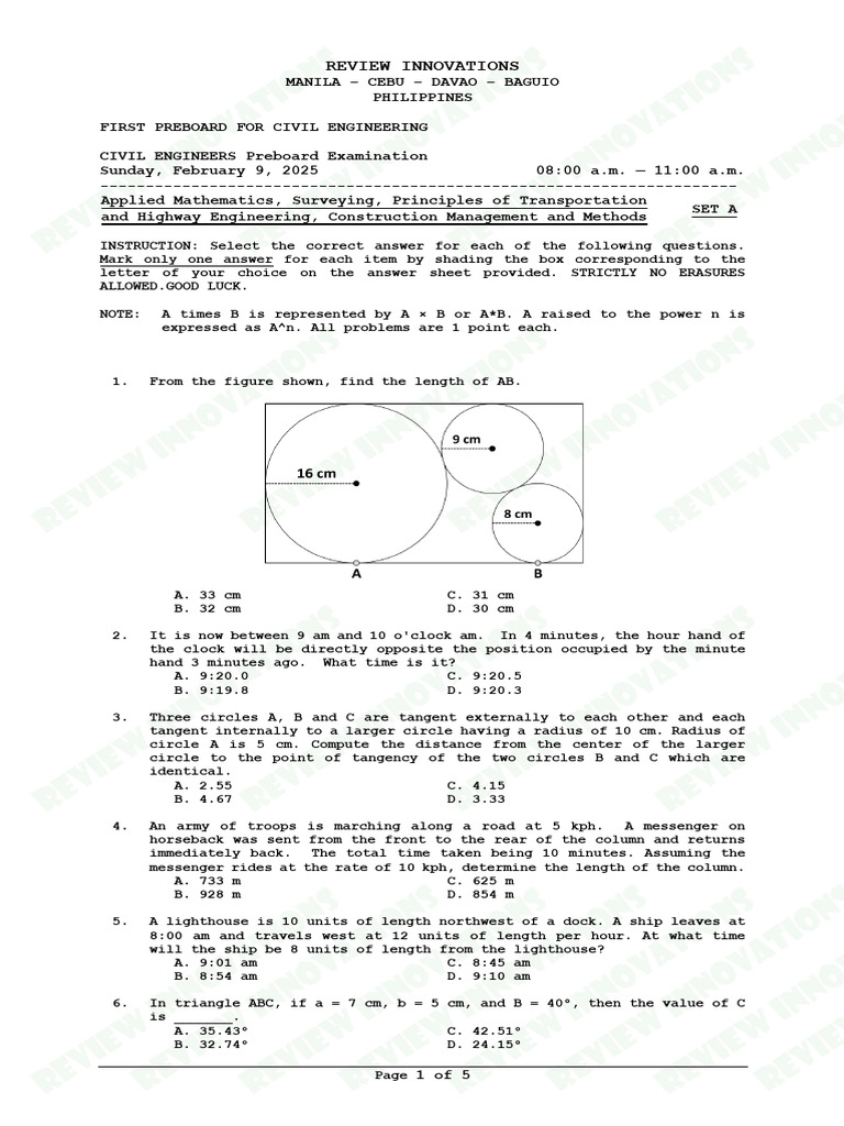 Civil Engineering Preboard Exam 2025 | PDF | Circle | Depreciation