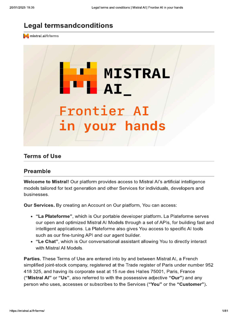 Legal terms and conditions _ Mistral AI _ Frontier AI in your hands | PDF
