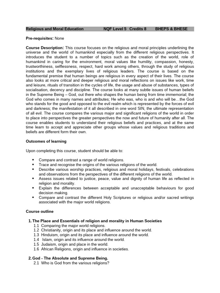 Religious Moral Education Course Outline | PDF | Festival | God