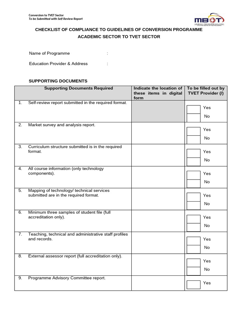 Checklist of Compliance To Guidelines of Conversion Programme Academic ...