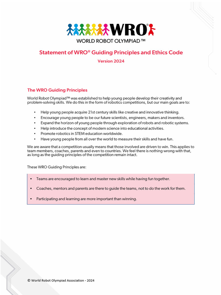WRO Guiding Principles and Ethics Code 2024 | PDF | Mentorship | Cognition