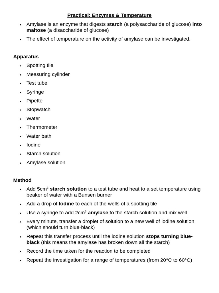 Practical - Enzymes and Temperature | PDF