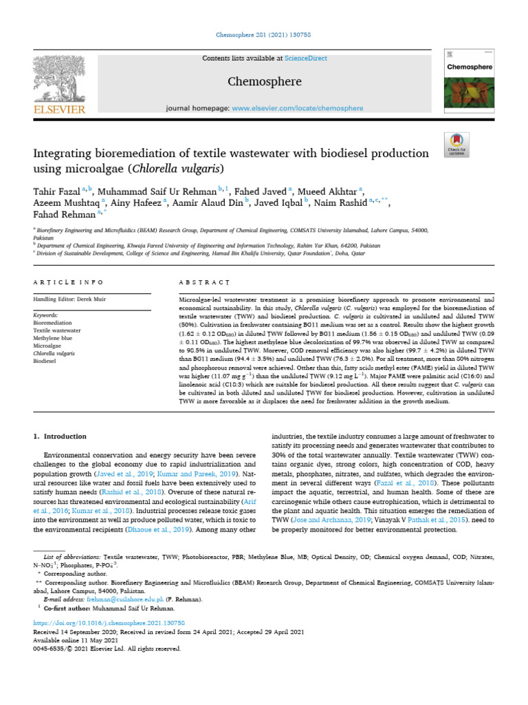 Fazal Et Al. (2021) - Integrating Bioremediation of Textile Wastewater With Biodiesel Production ...