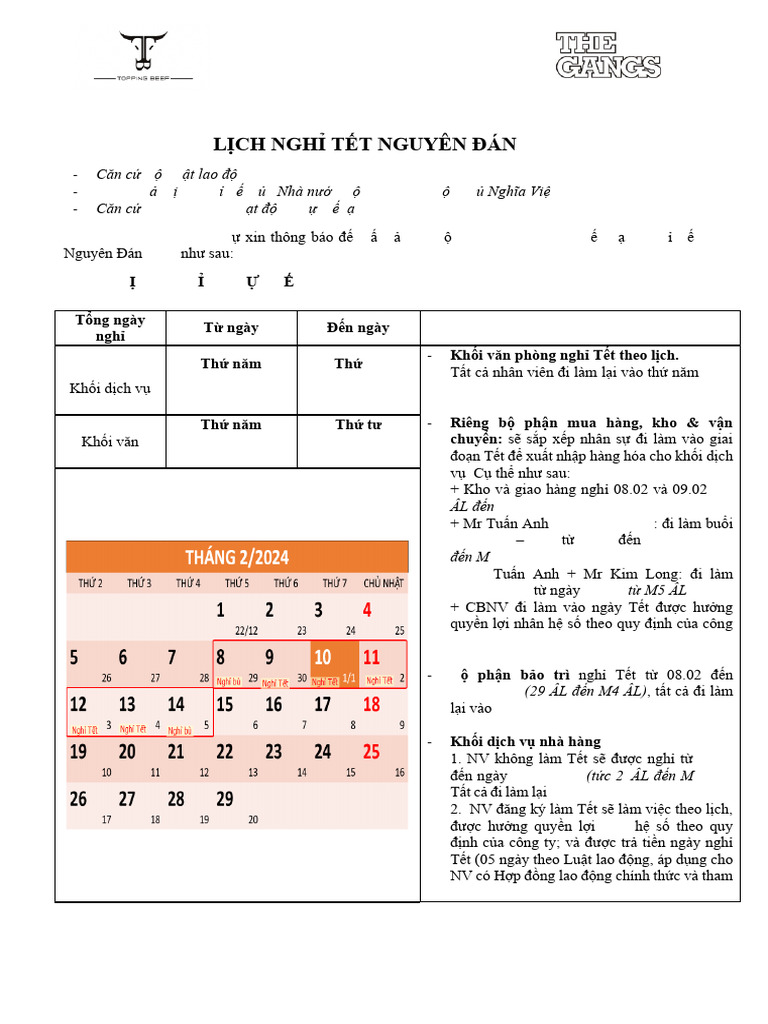 TL - 2024 - Thông báo nghỉ Tết Âm Lịch 2024 Ly revised | PDF