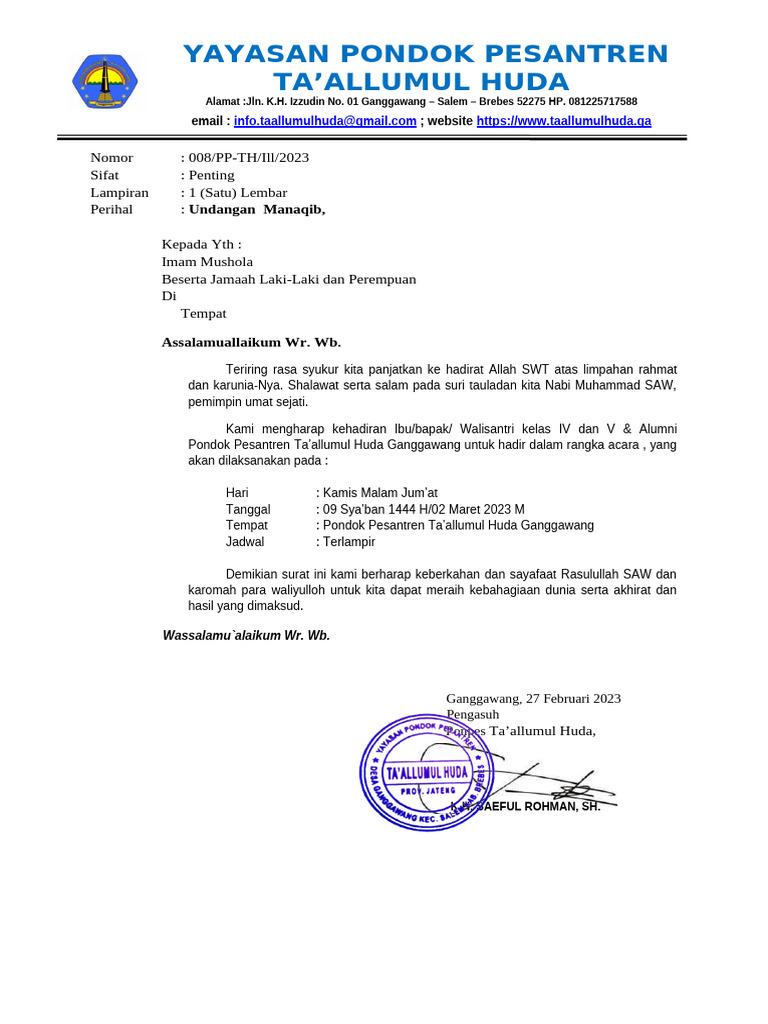 UNDANGAN Manakib Alumni & Walisantri Maret 2023 | PDF