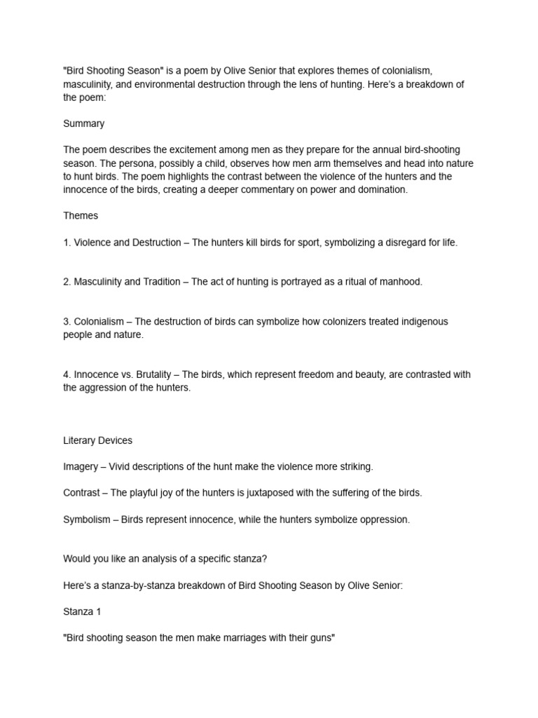 Themes in "Bird Shooting Season" Poem | PDF | Hunting | Masculinity