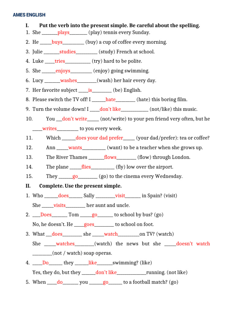 Present Simple Verb Exercises | PDF